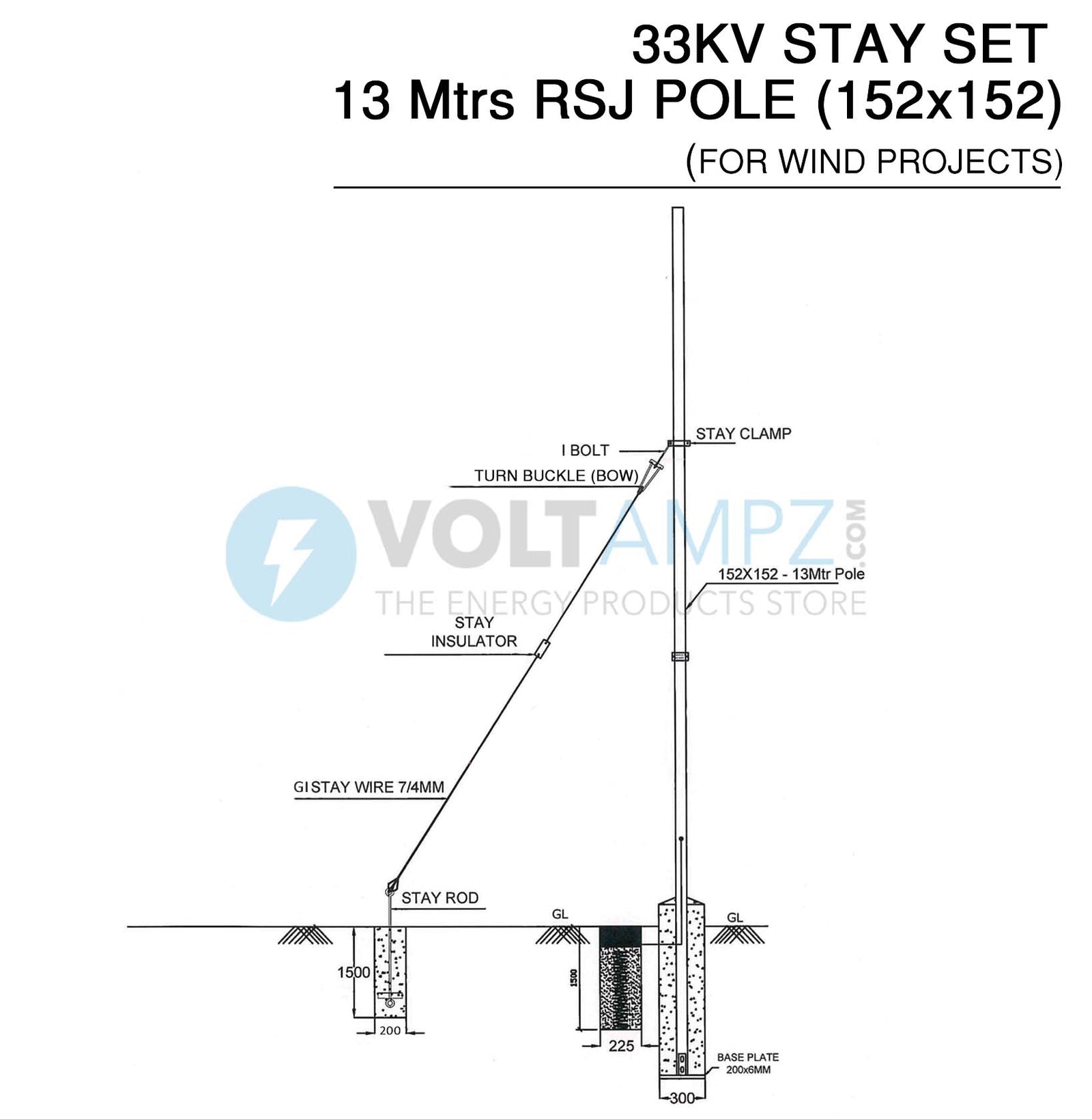 33KV STAY SET 13 Mtrs RSJ POLE (152x152) (for Wind Projects), PC-16000